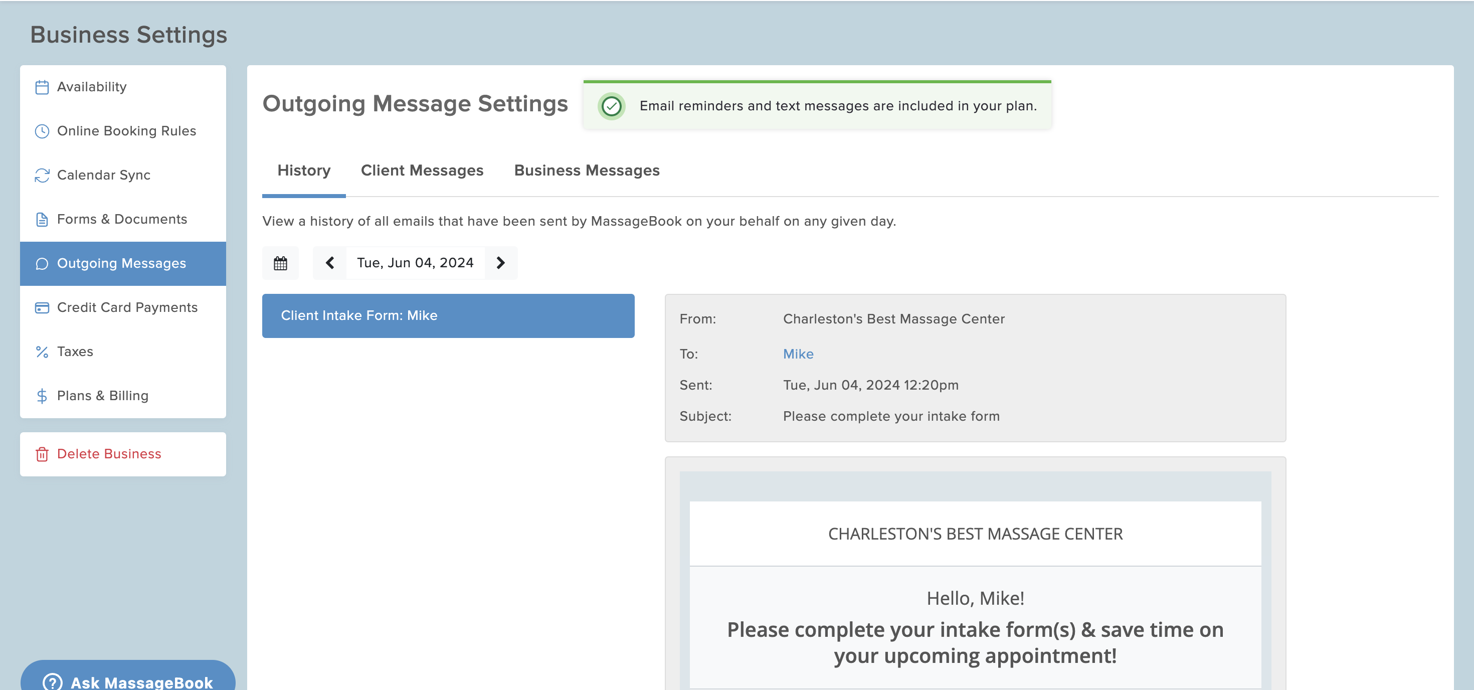 Viewing Sent Client Intake Form Emails – MassageBook